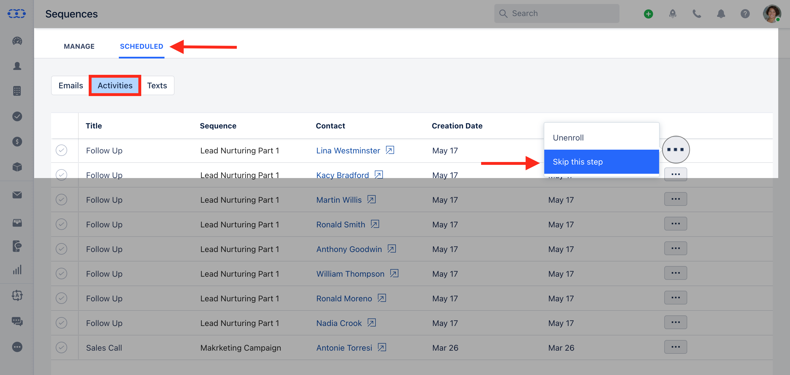 Skip a Sequence Stage – Salesmate