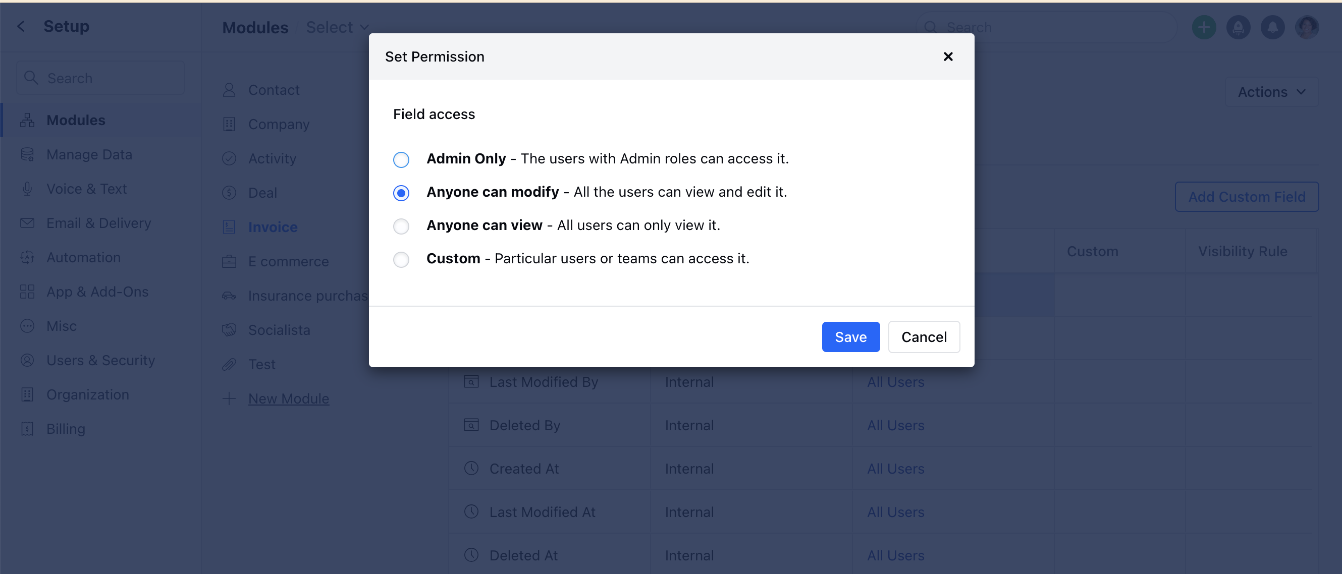 Custom Module – Roles & Permissions – Salesmate